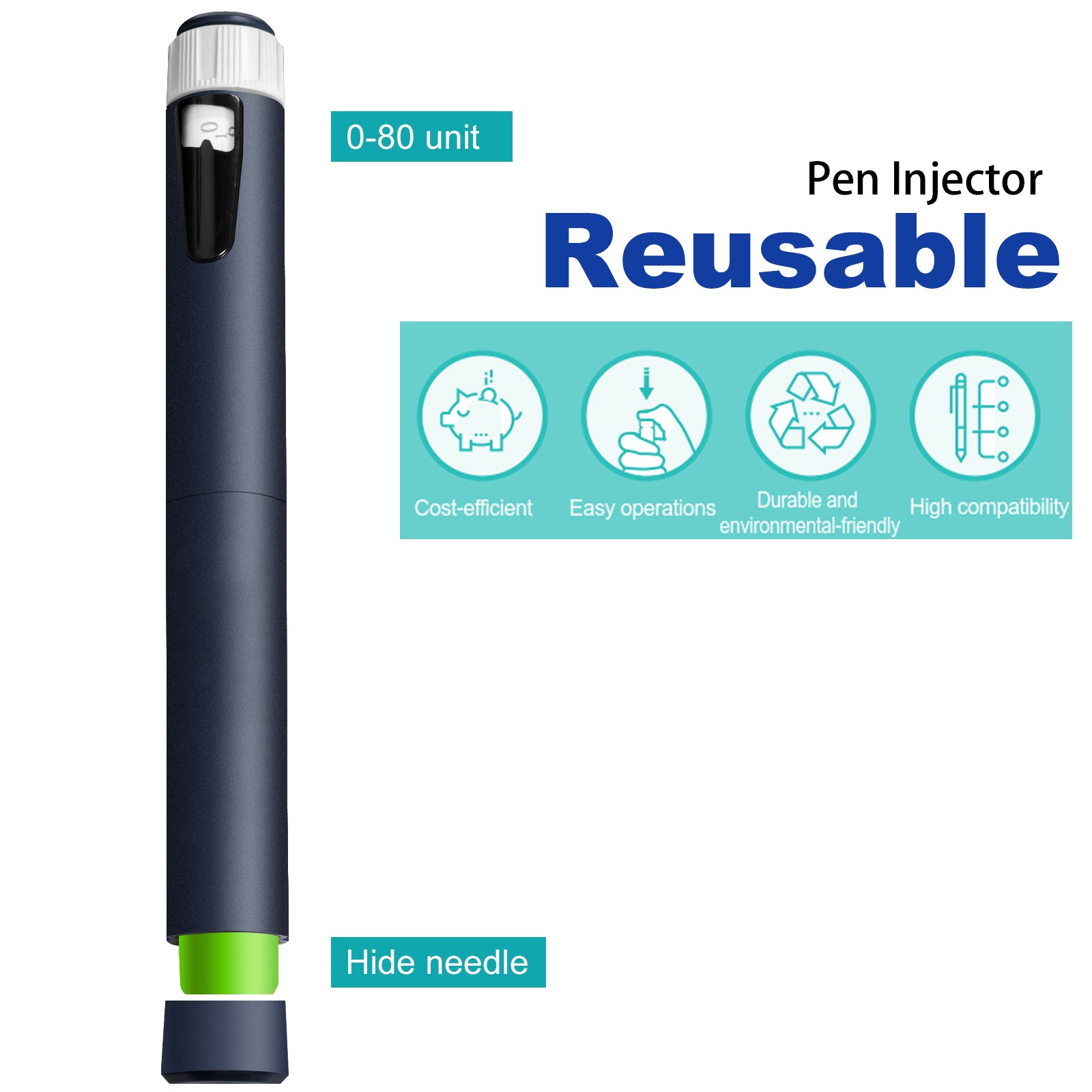Personal Reusable Pen Injector, Portable 80 Units Insulin Pen,Black ...